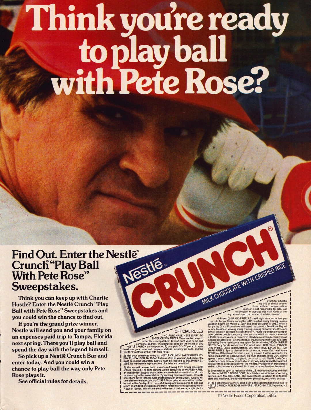 1986 Nestle Crunch Bar Vintage Print Ad, Pete Rose, Retro Classic ...