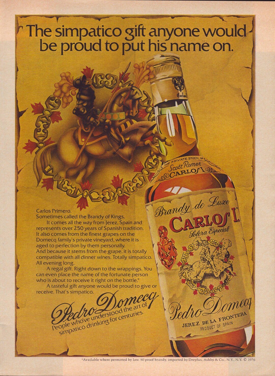 1976 Pedro Domecq Carlos Primero Brandy De Luce Vintage Print Ad, Retro ...