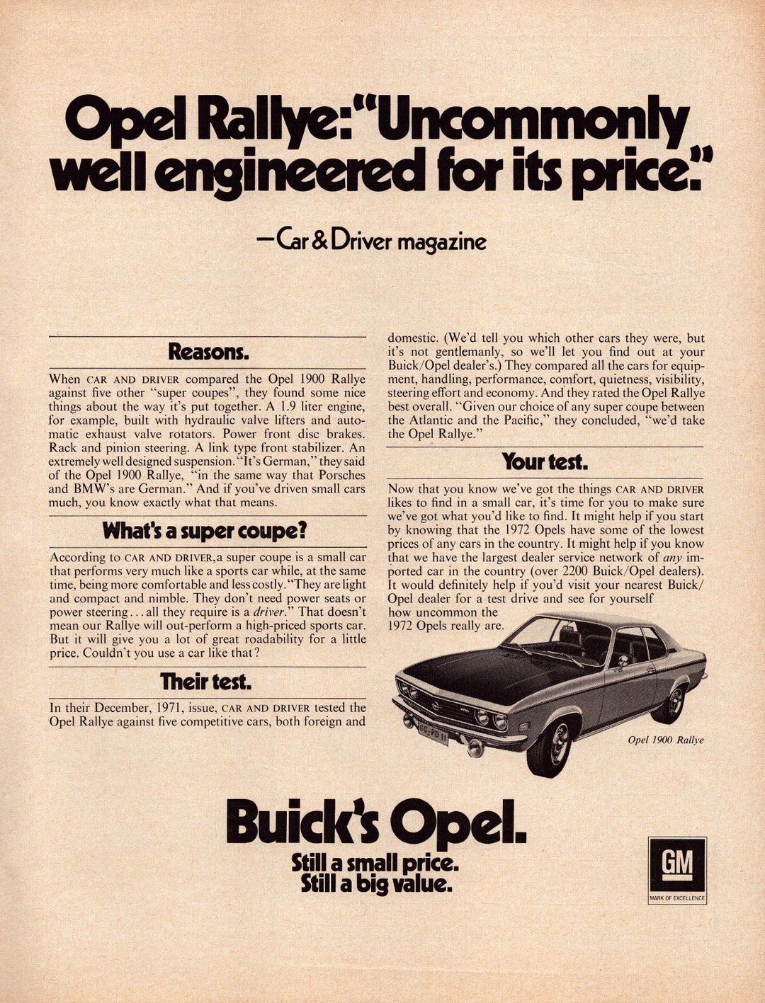 1972 Buick Opel 1900 Rallye Vintage Print Ad Classic Car Advertisement ...