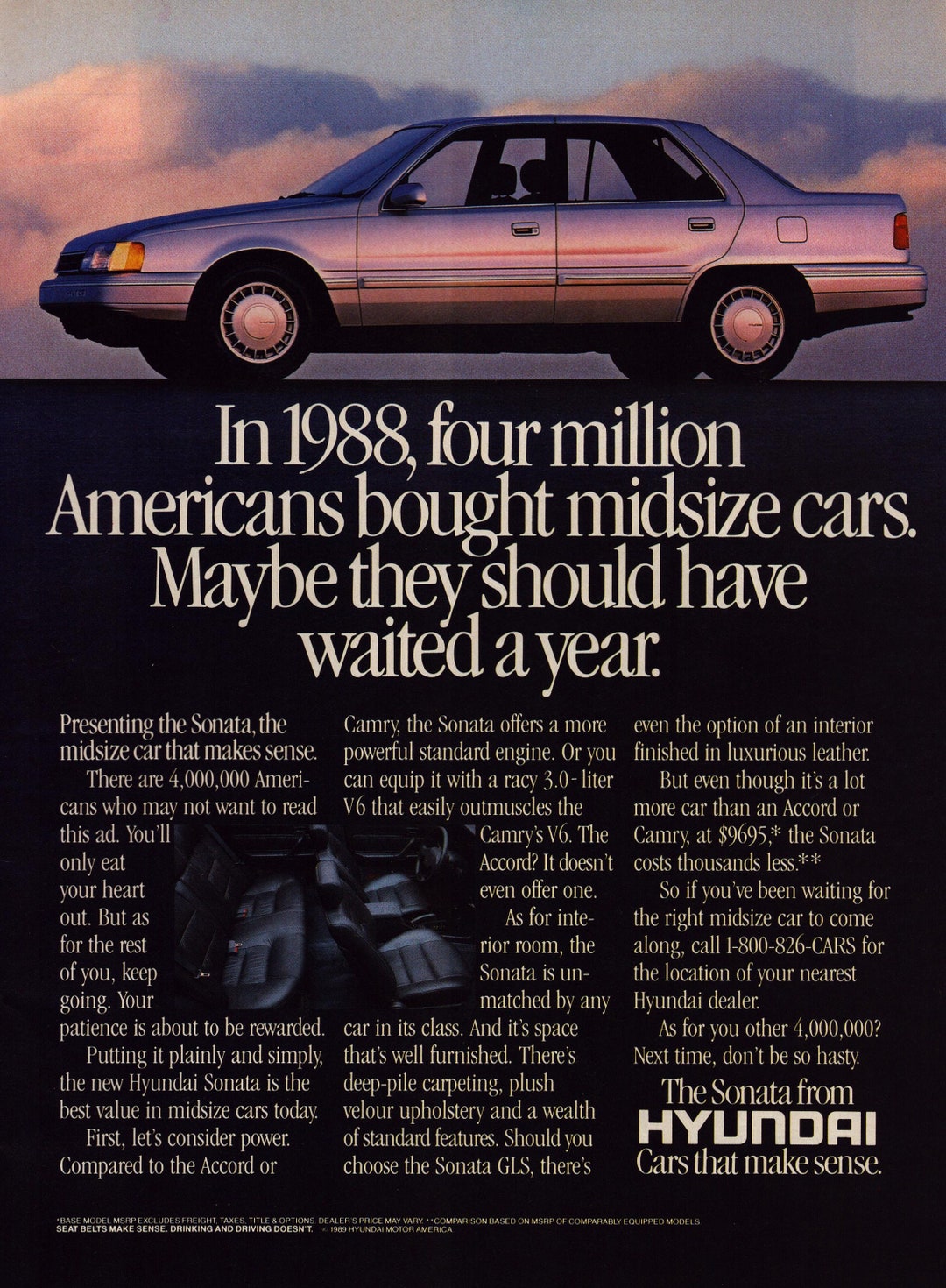 1990 Hyundai Sonata Midsize Car Vintage Print Ad, Retro Classic Car ...