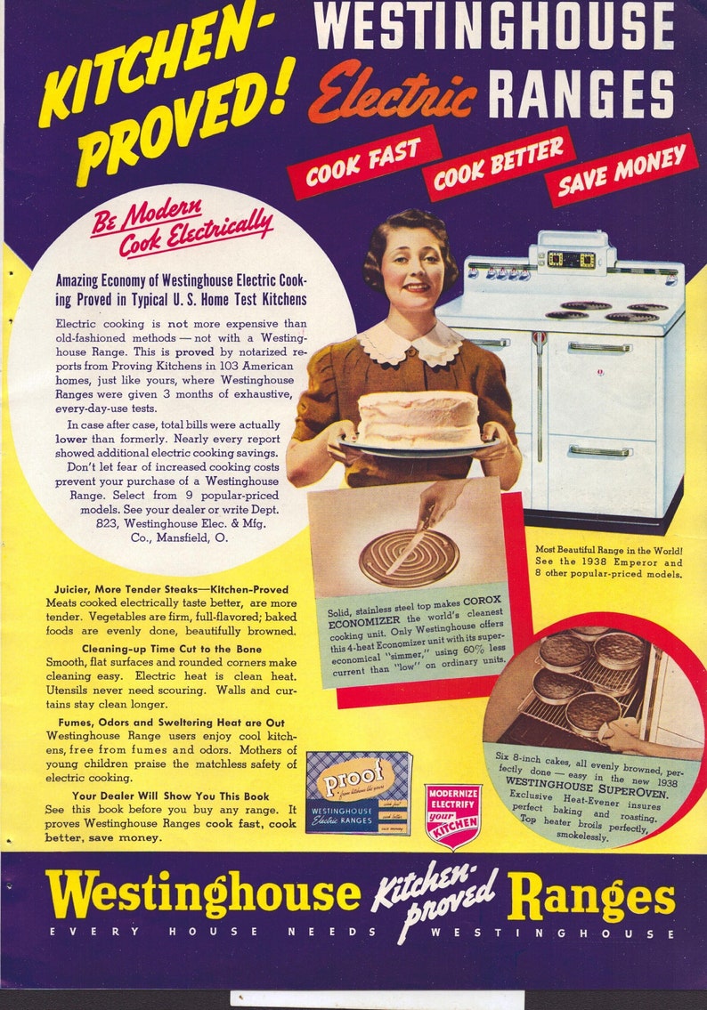 1938 Westinghouse Electric Ranges Vintage Print Ad Retro Classic ...
