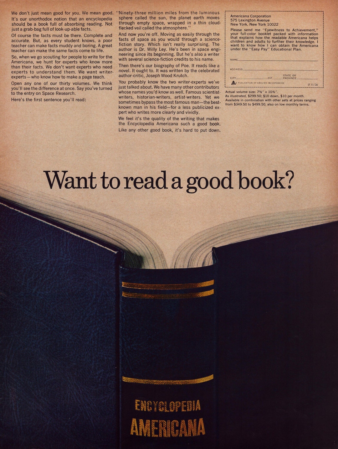1965 Encyclopedia Americana Vintage Print Ad, Want to Read a Good Book ...