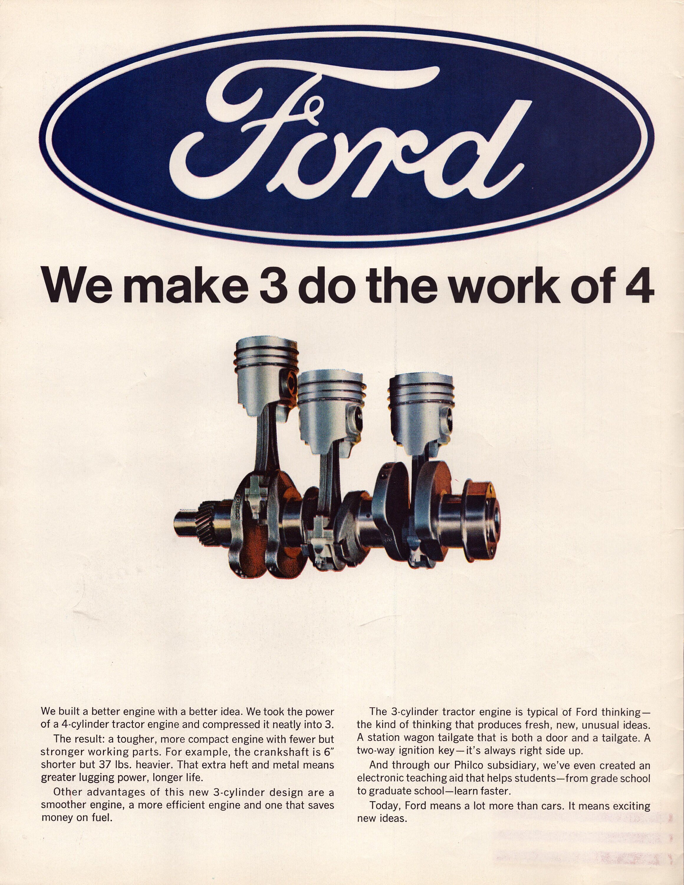 1966 Ford 3-cylinder Tractor Engine Vintage Print Ad, We Make 3 Do the ...