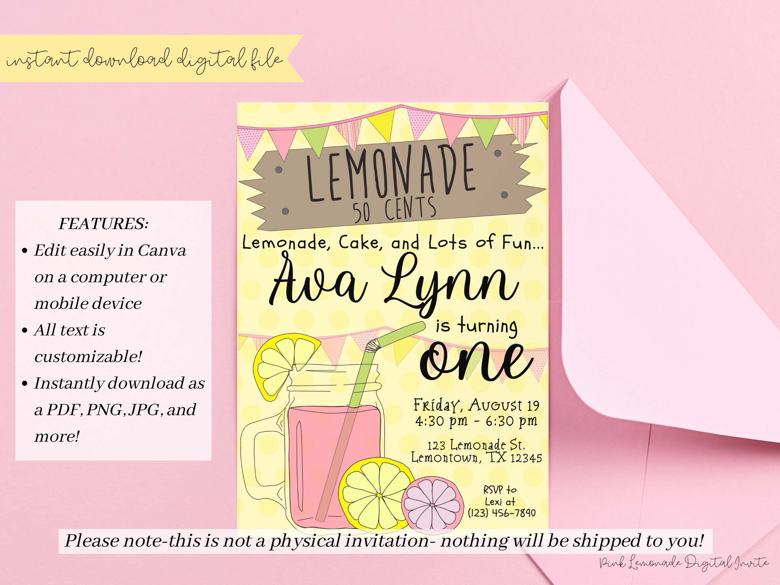 Pink Lemonade Birthday Party Invitation, Lemon Party Invite, Instant ...