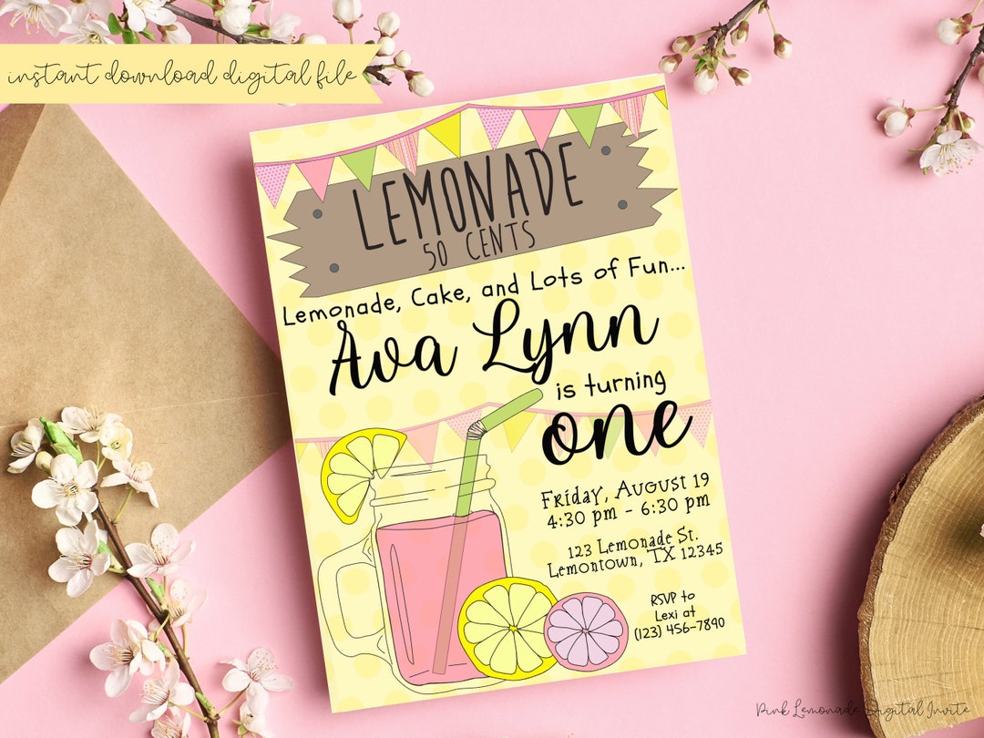 Pink Lemonade Birthday Party Invitation, Lemon Party Invite, Instant Download Invitation ...