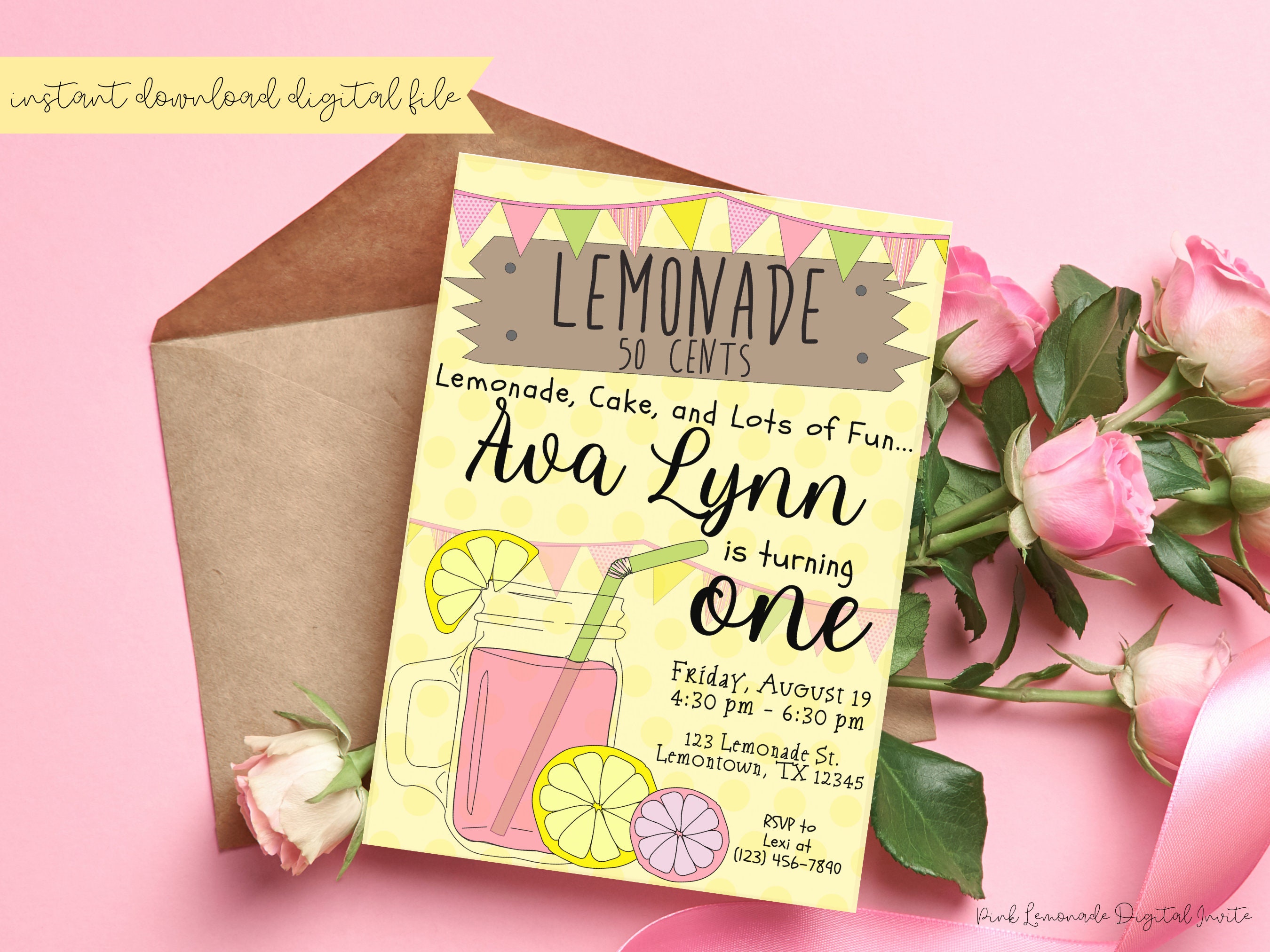 Pink Lemonade Birthday Party Invitation, Lemon Party Invite, Instant ...