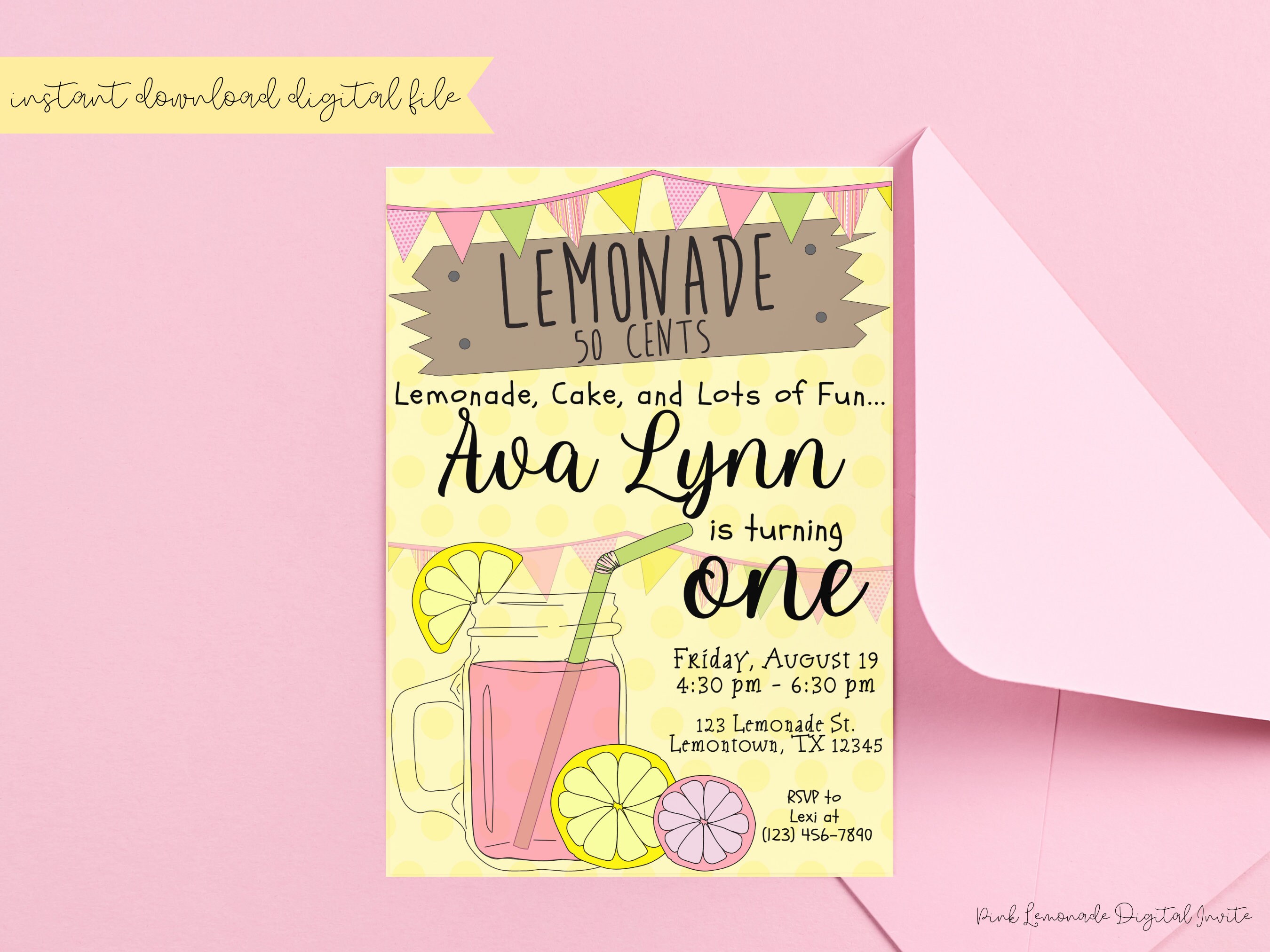 Pink Lemonade Birthday Party Invitation, Lemon Party Invite, Instant ...