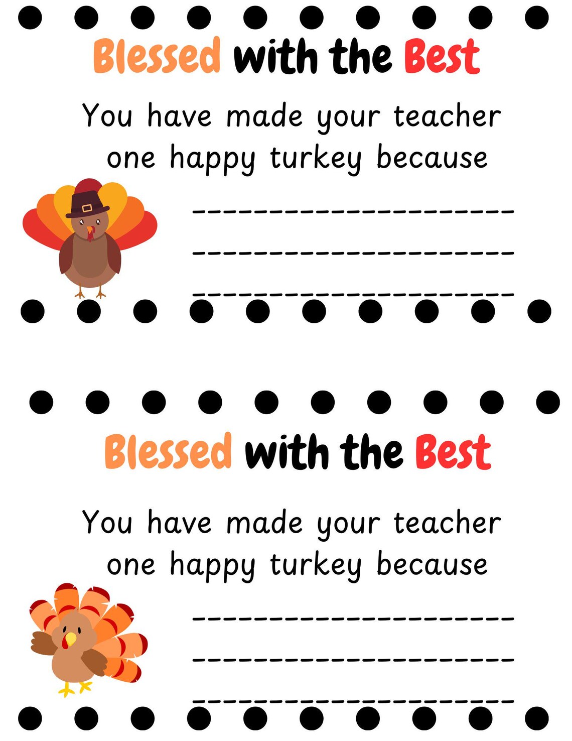 Thanksgiving Positive Notes From Teacher to Student Printable Notes ...