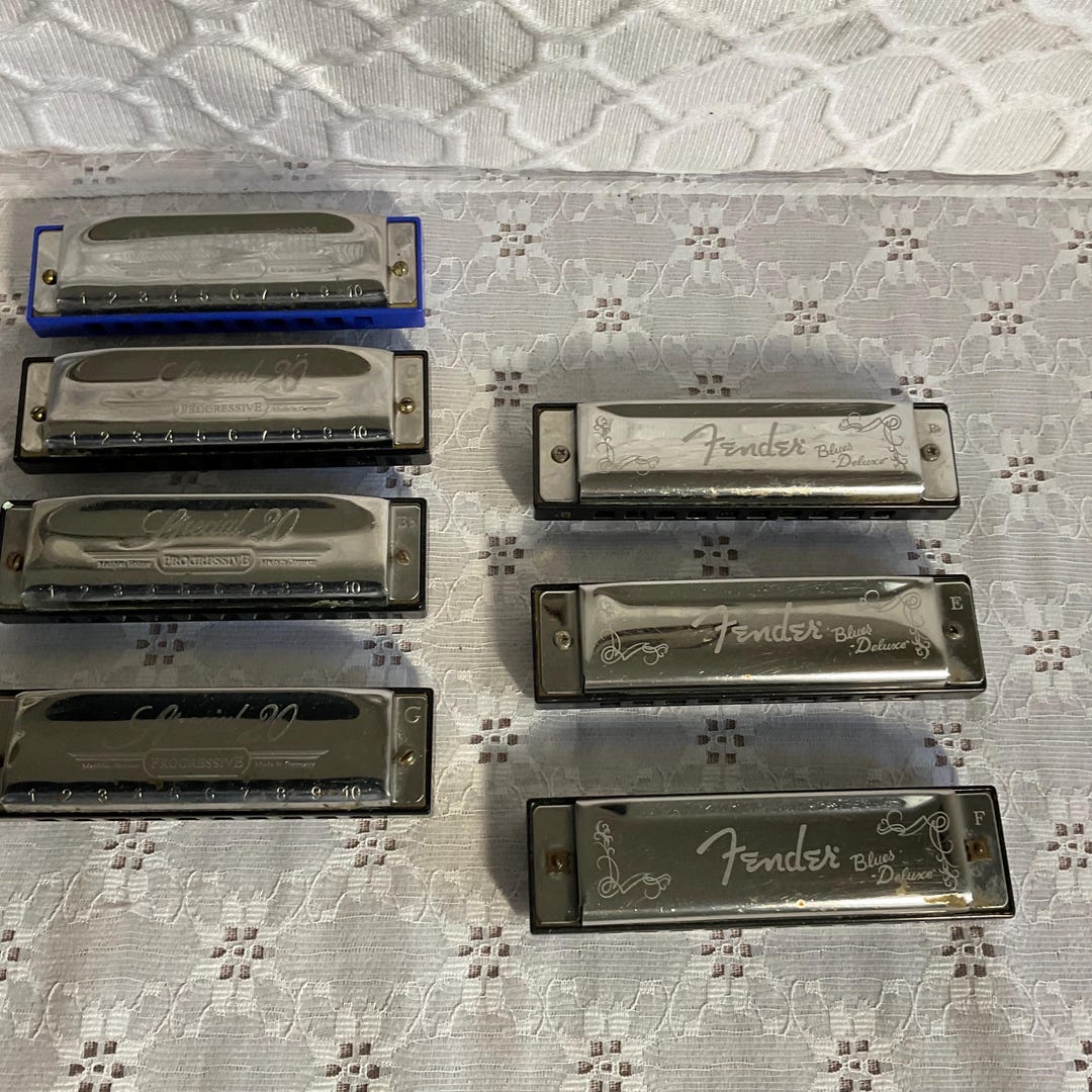 Set of 7 Harmonicas 4 M.hohner 3 Super 20s 1 and 3 Fender Blues ...
