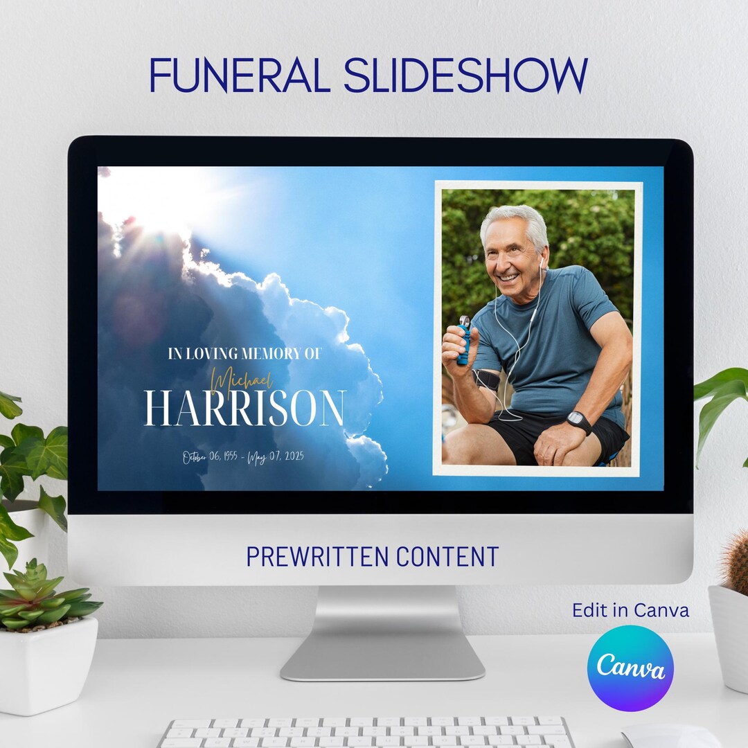 Blue Male Funeral Photo Slideshow Template Canva, Memorial Video ...