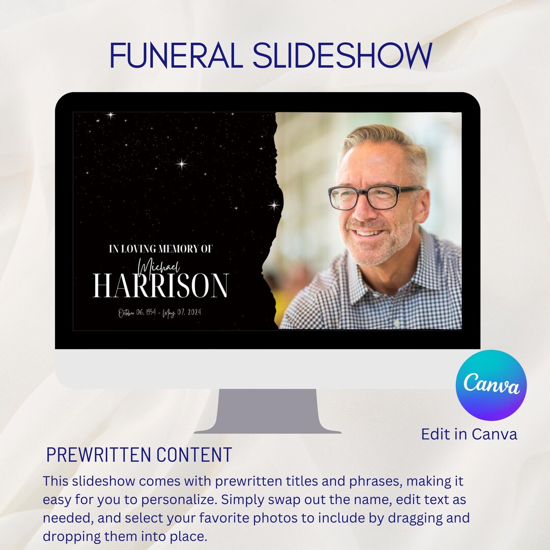 Male Funeral Photo Slideshow Template Canva, Memorial Video, Minimalist ...