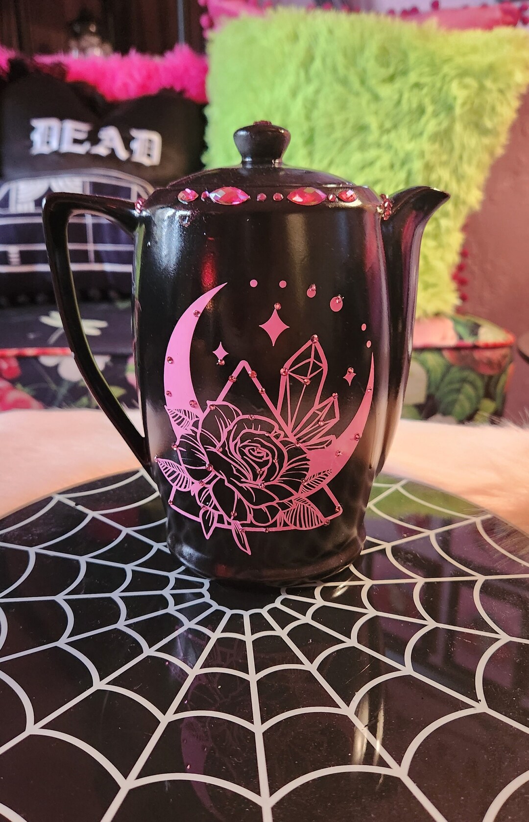 Gothic Rhinestone Geode Rose Pink Black Teapot Music Box Art Home Decor ...