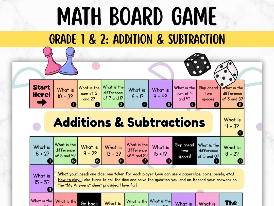 Grade 1 and 2 Math Addition and Subtraction Printable PDF Board Game ...