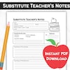 Printable Substitute Teacher Notes, Cute Printable for Teachers, Sub ...