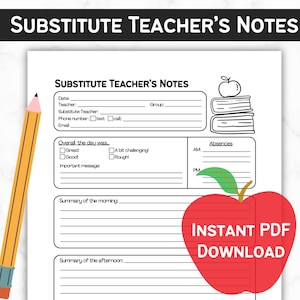 Substitute Teacher Notes, Replacement Teacher Feedback Form, Printable ...