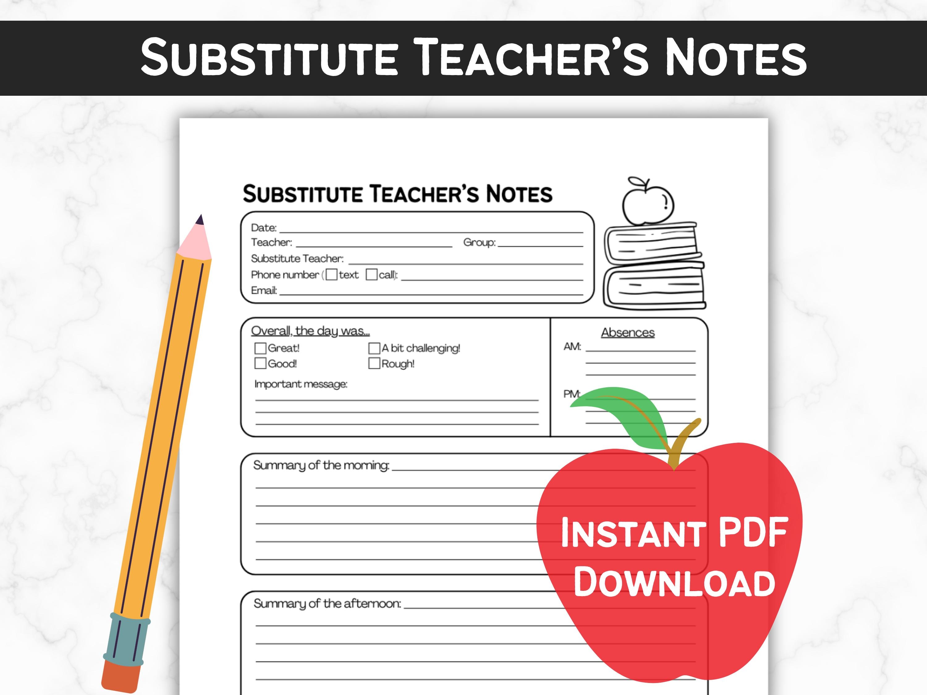 Substitute Teacher Notes, Replacement Teacher Feedback Form, Printable ...