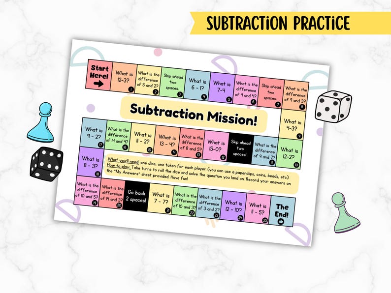 Grade 1 and 2 Math Addition and Subtraction Printable PDF Board Game ...