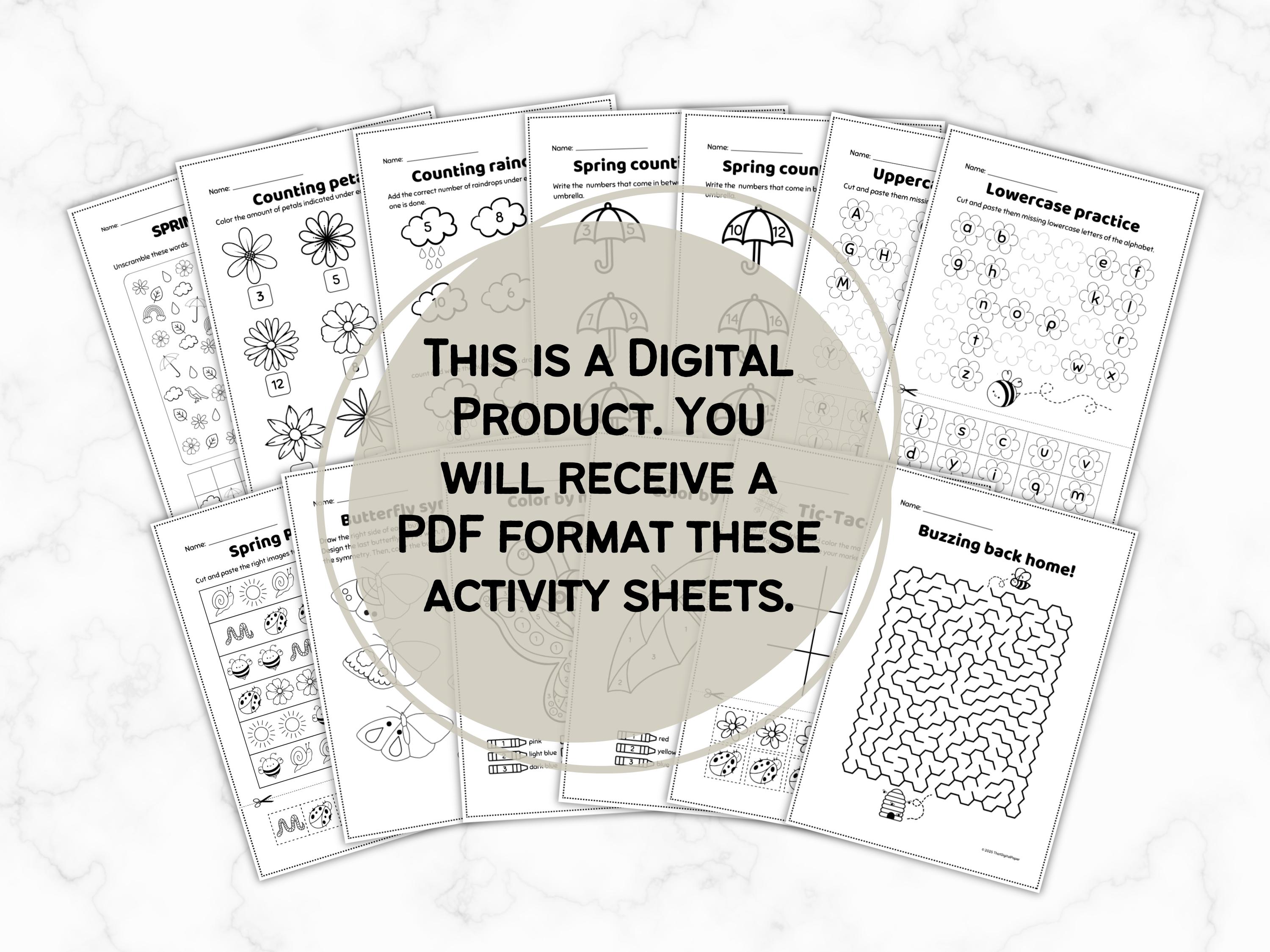 Spring Break PDF Activity Worksheets, Printable Prek Kindergarten Spring Bundle, Counting and ...