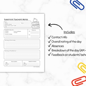 Substitute Teacher Notes, Replacement Teacher Feedback Form, Printable ...