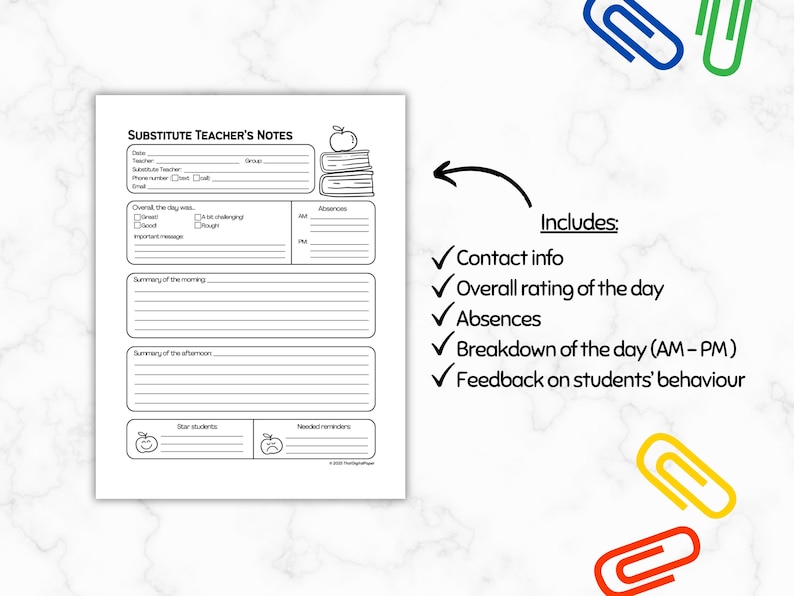 Substitute Teacher Notes, Replacement Teacher Feedback Form, Printable ...