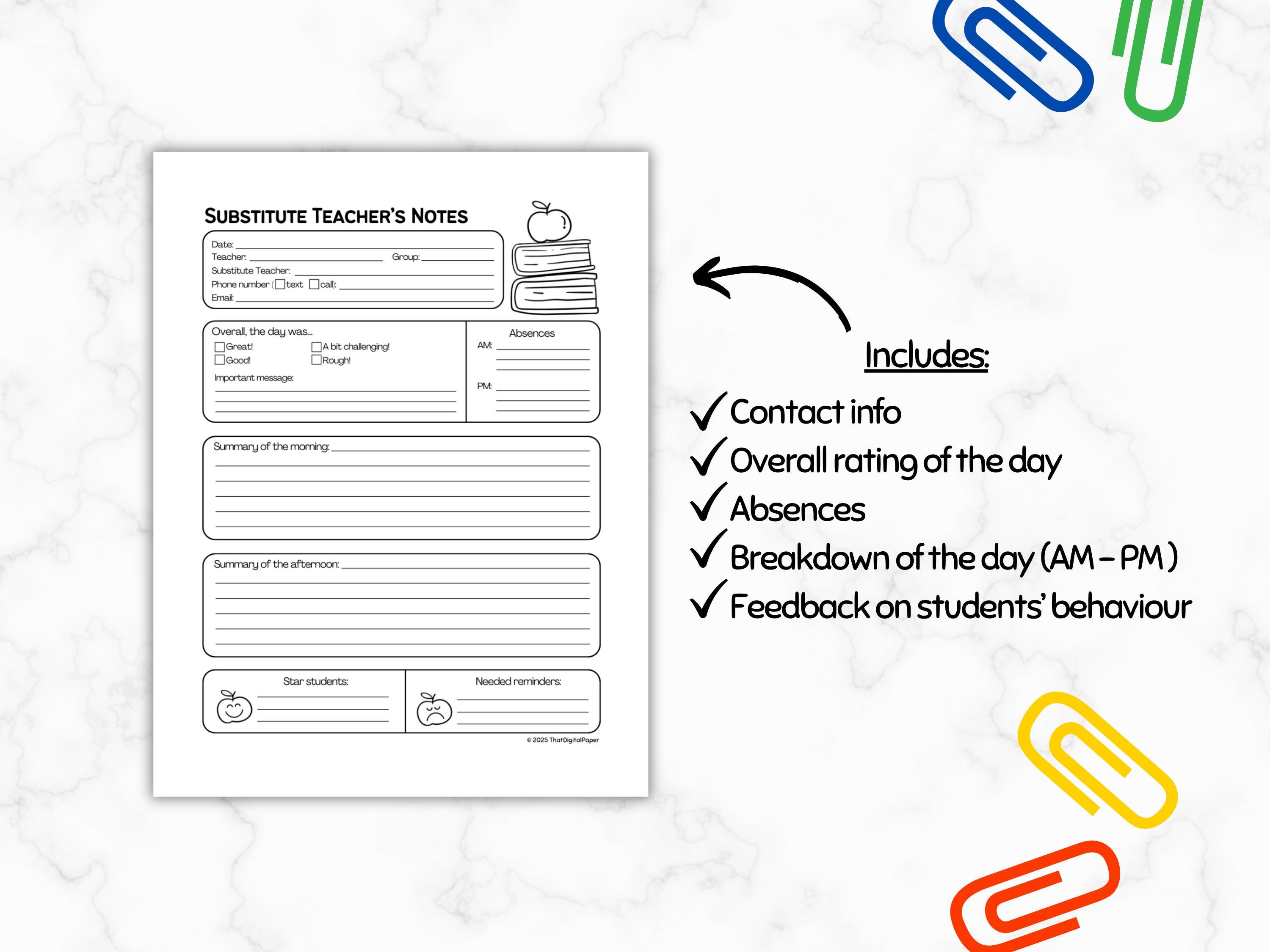 Substitute Teacher Notes, Replacement Teacher Feedback Form, Printable ...