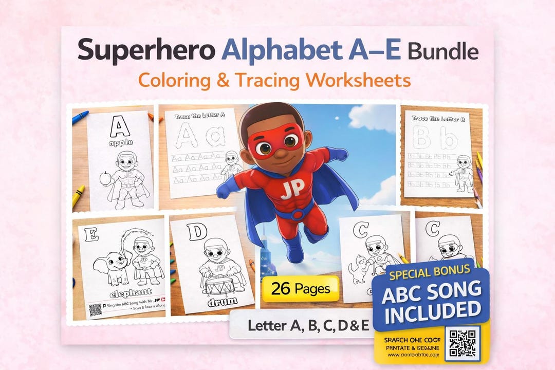 Superhero Alphabet A-E Coloring and Tracing Worksheets (digital ...