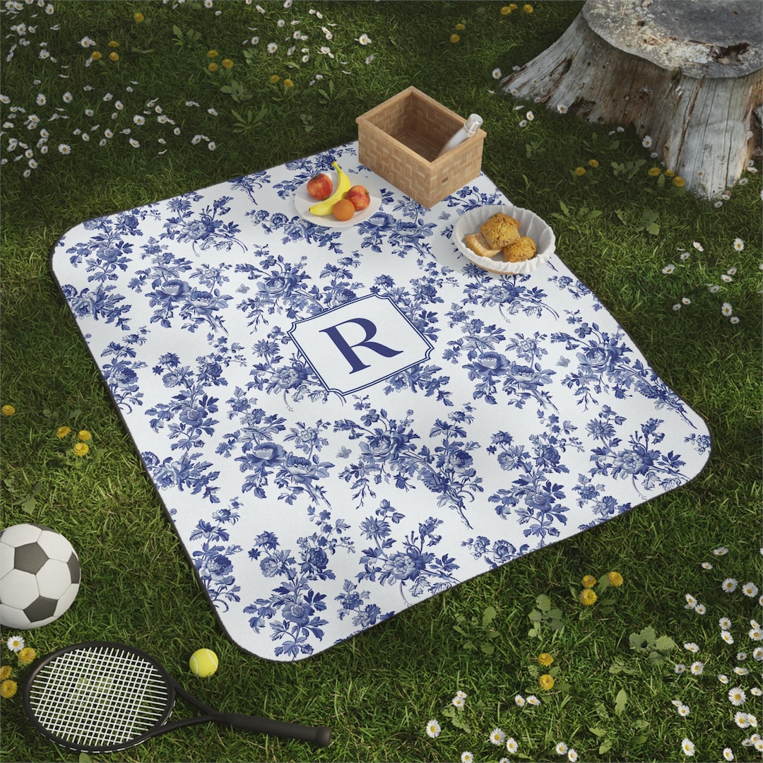 Picnic Blanket, Personalizable Beach Blanket, Blue Toile De Jouy Picnic ...