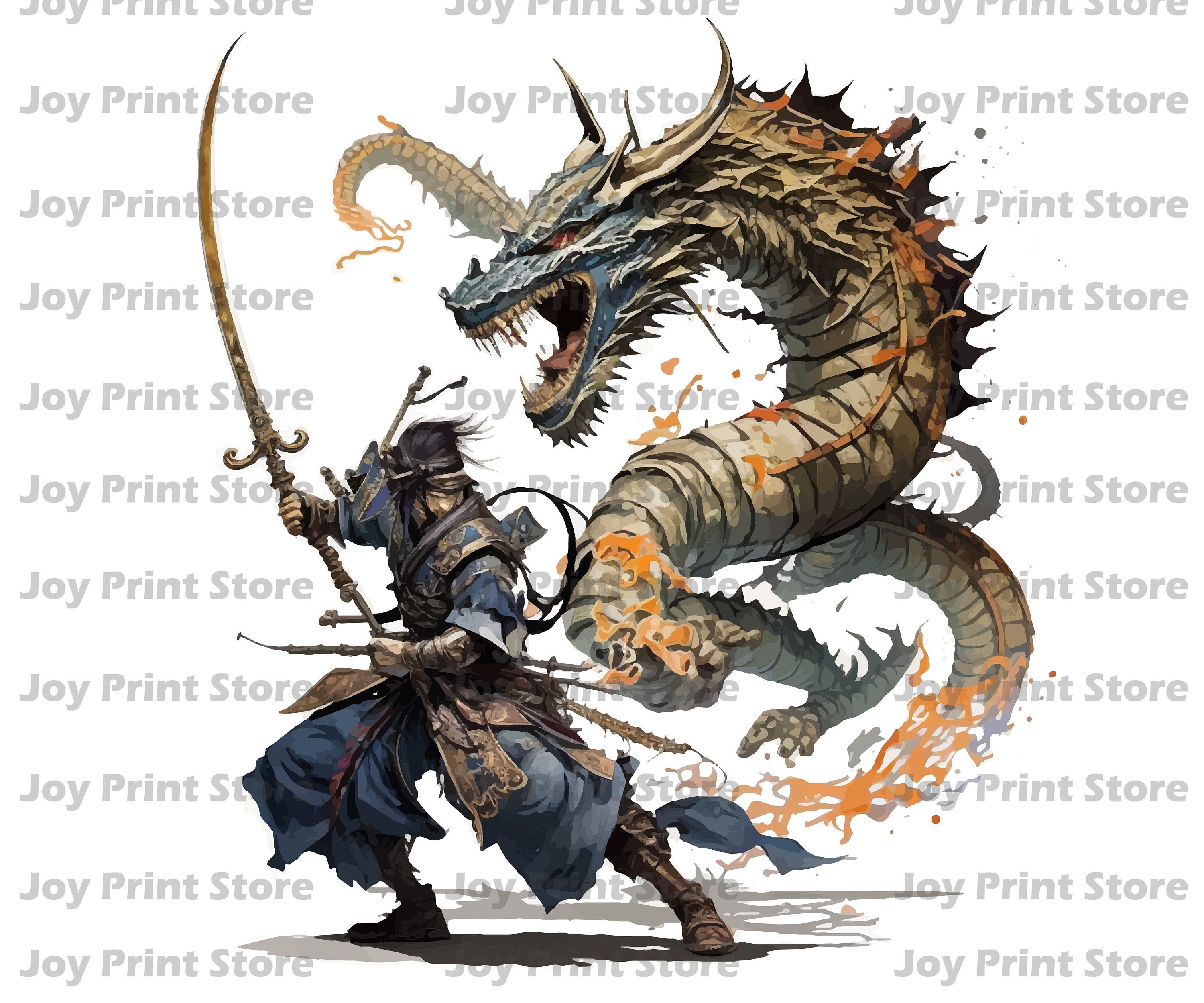 Brave Samurai Fighting Dragon PNG 300ppi, Clipart, SVG, Digital Files ...