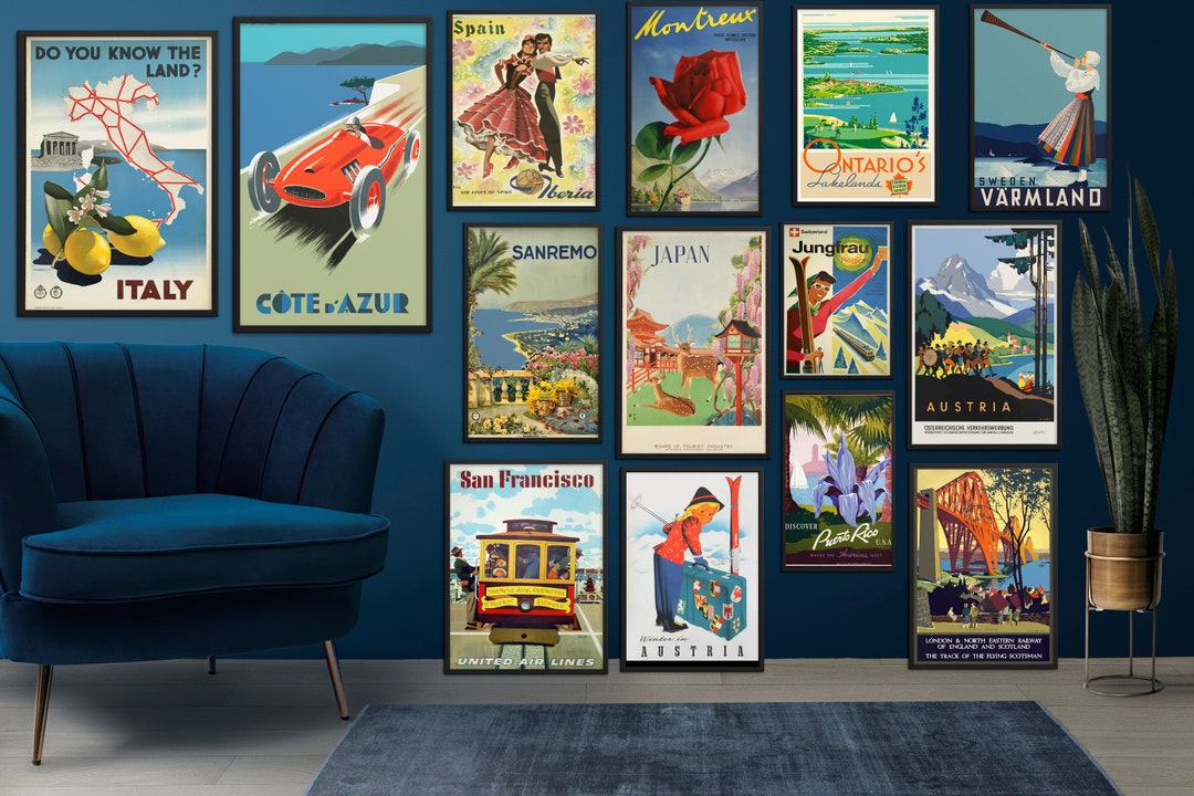 Global Vintage Travel Posters, Set of 15, 300dpi, Wall Art, Eclectic Print Set, DIGITAL DOWNLOAD ...
