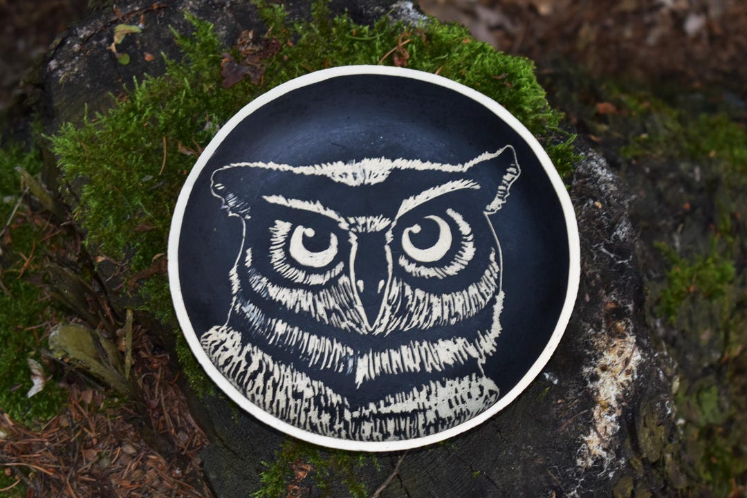 Sgraffito Pottery, Plate Owl , Handmade Carved Plate, Black Owl ...
