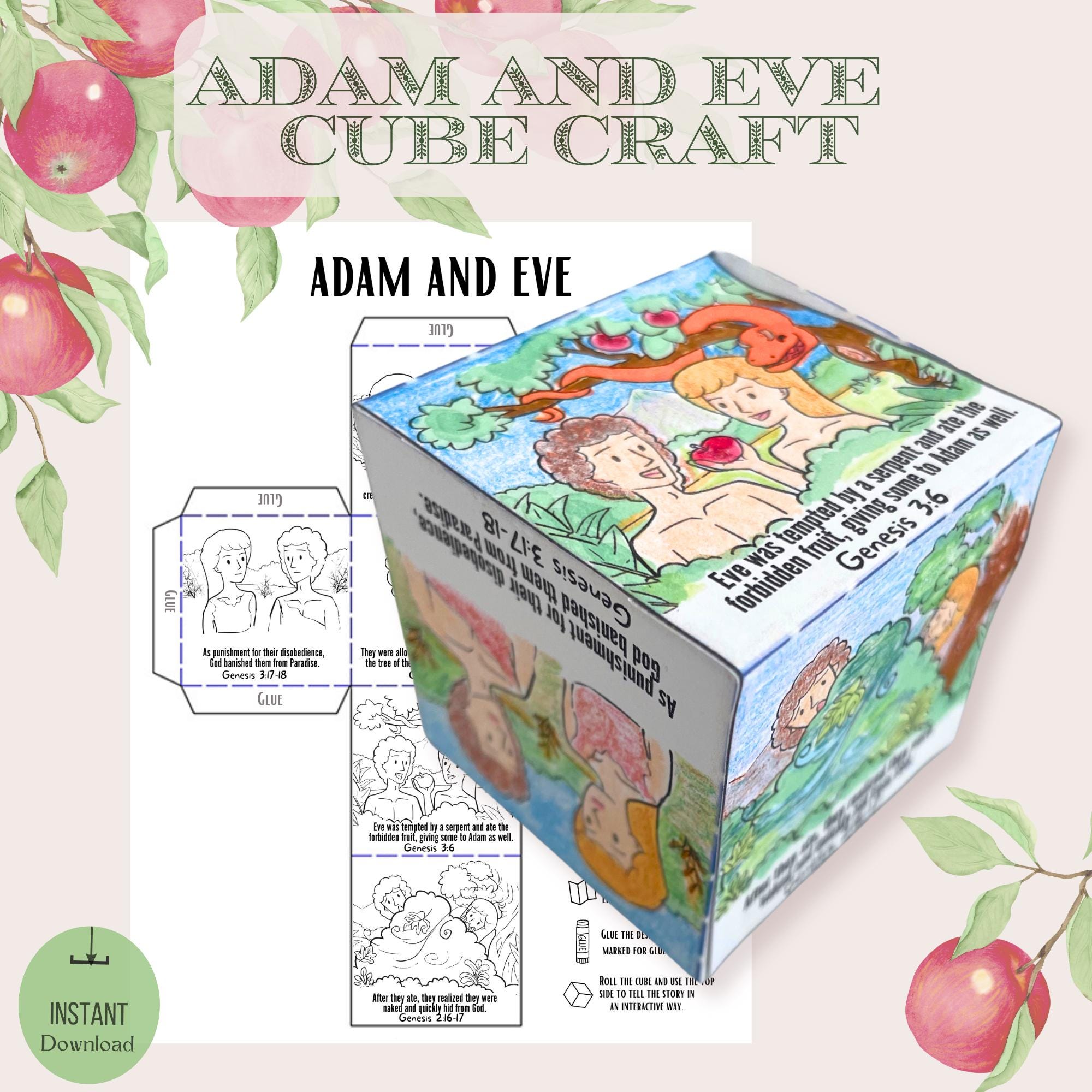 Printable Adam and Eve Cube Craft, Printable Bible Activity, Memory ...