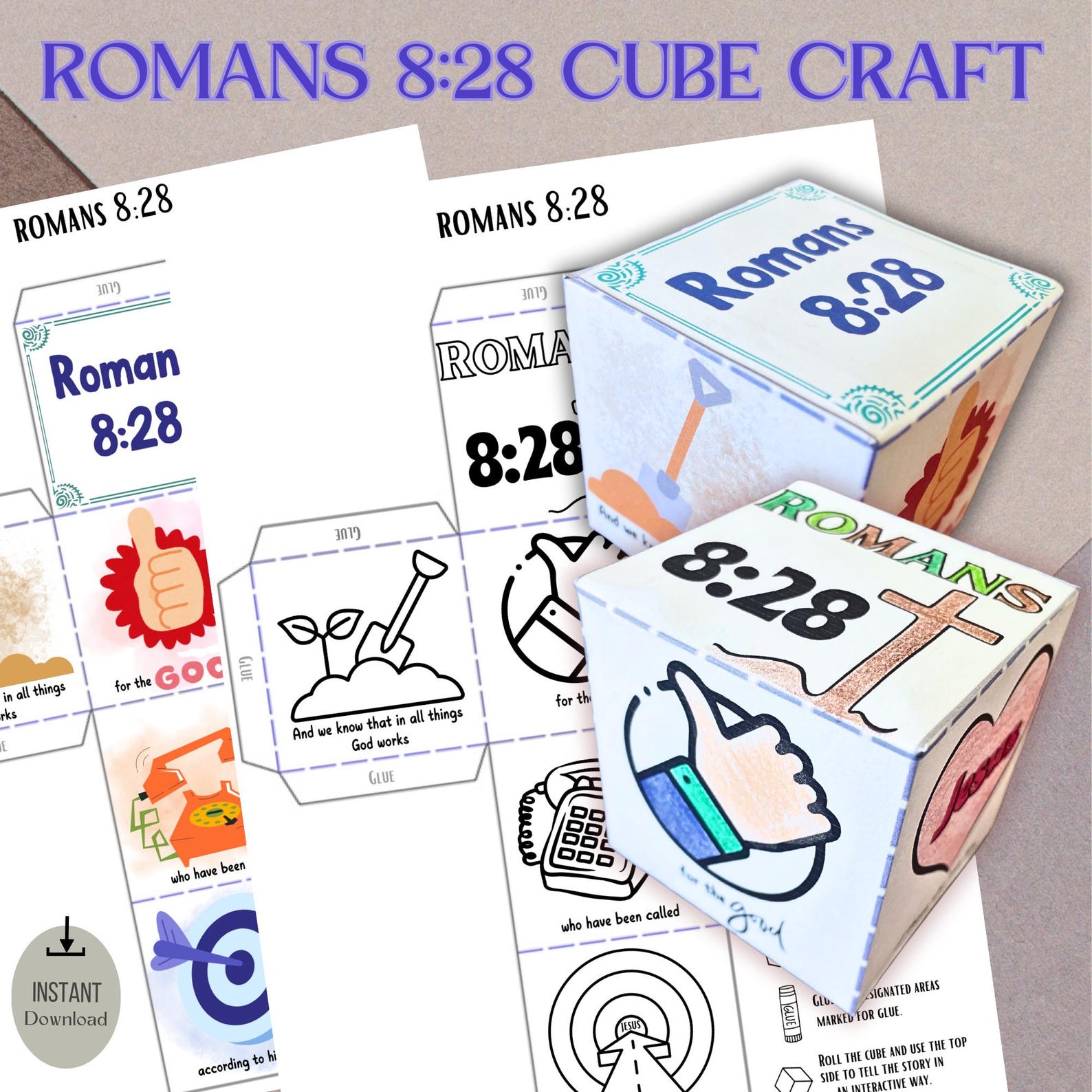 Romans 8:28 Cube Craft, Printable Bible Activity, Kids Memory Game ...