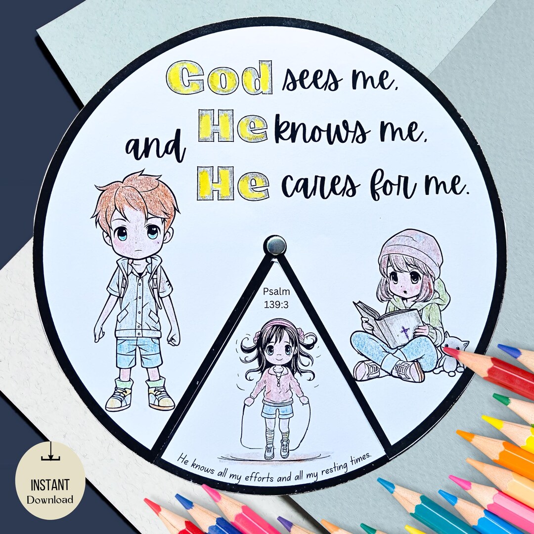 God Sees Me, Knows Me, and Cares for Me Printable Bible Verses Spinner ...