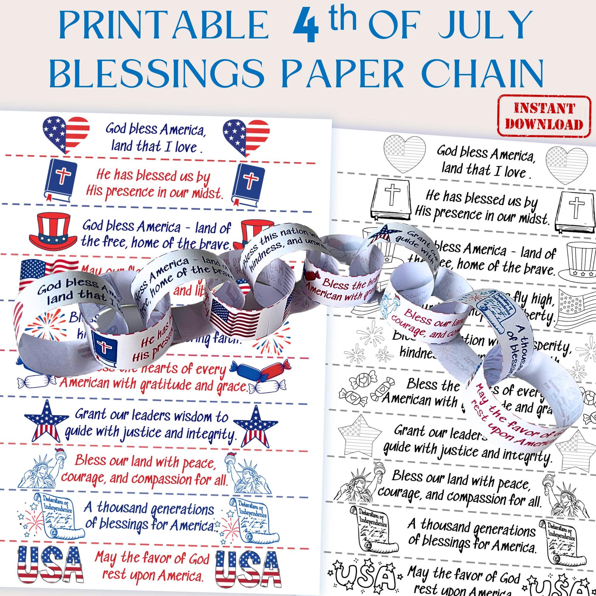Printable 4th of July Blessings Paper Chain, Sunday School Craft ...