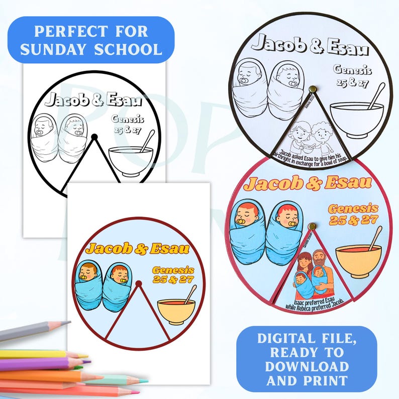 Printable Jacob and Esau Sunday School Craft, Coloring Spinner Wheel ...