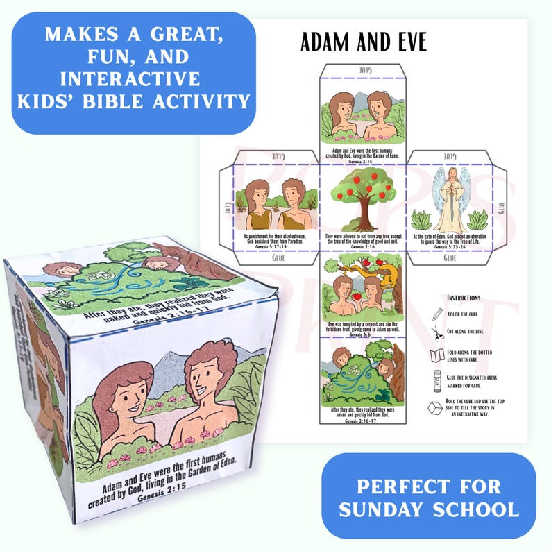 Printable Adam and Eve Cube Craft, Printable Bible Activity, Memory ...