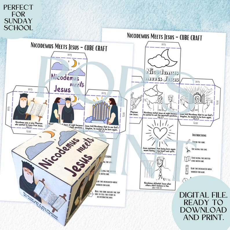 Printable Nicodemus Meets Jesus Sunday School Coloring Cube Craft ...