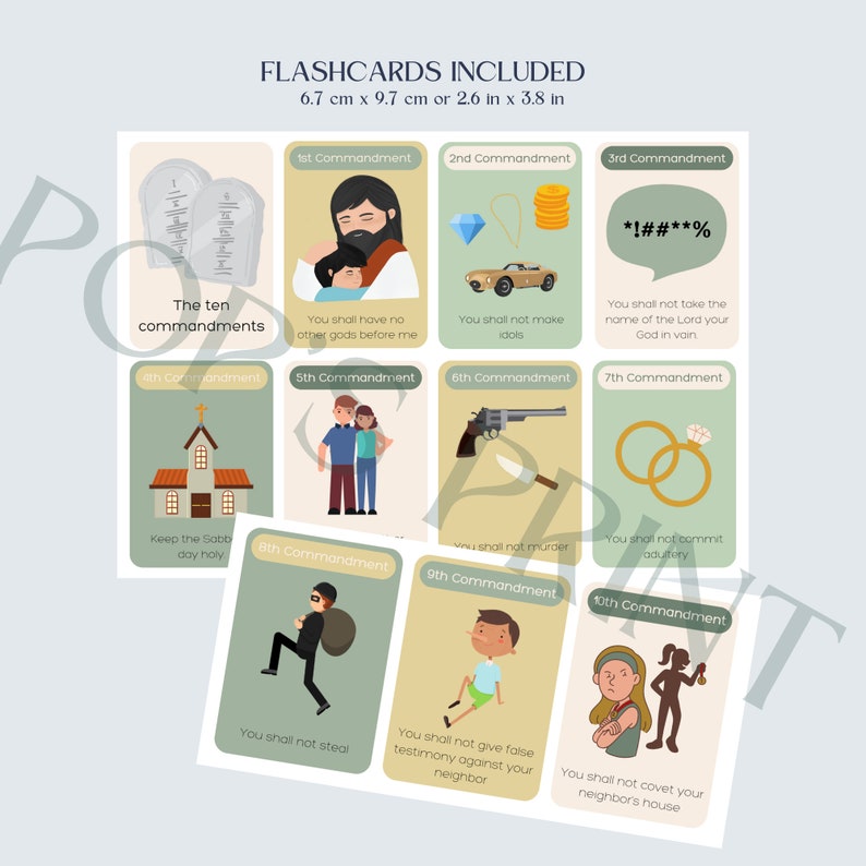 The Ten Commandments Flashcards Homeschool Bible Activity Kids Ministry ...