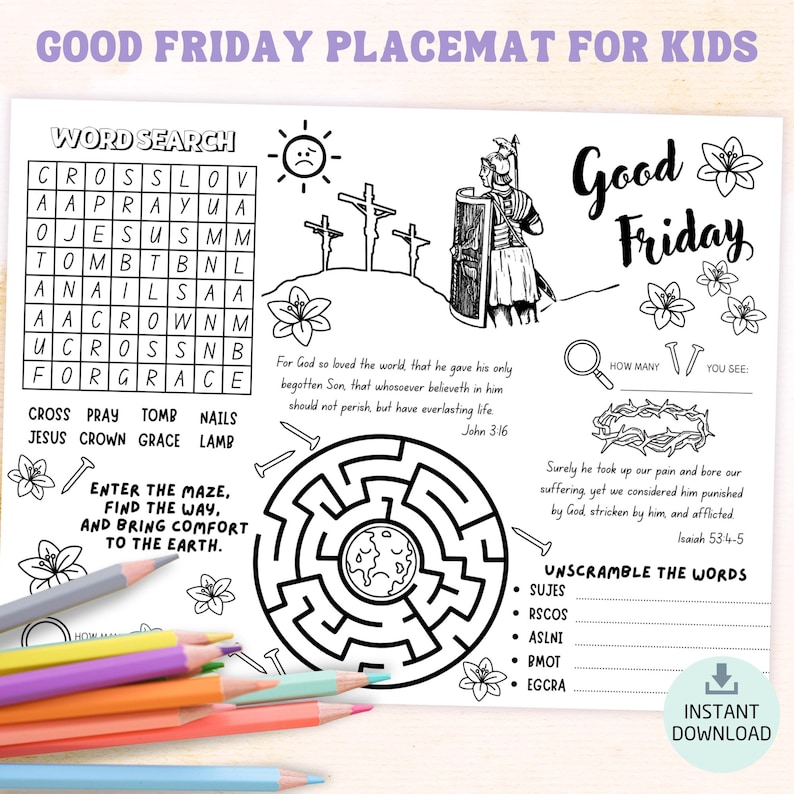 Good Friday Placemat for Kids, Easter Table Coloring Craft, Sunday ...