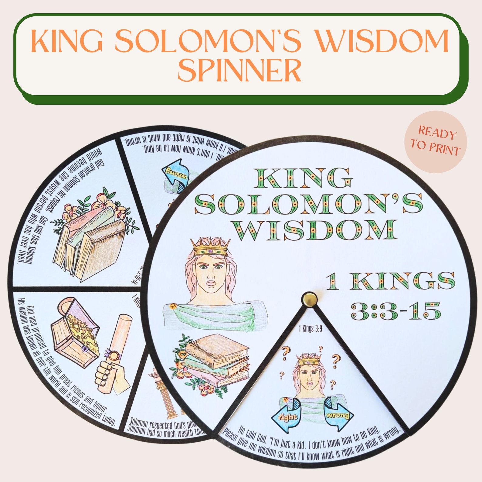 Printable Wisdom of Solomon Coloring Spinner Wheel, Wise King Solomon Craft, Sunday School Craft ...