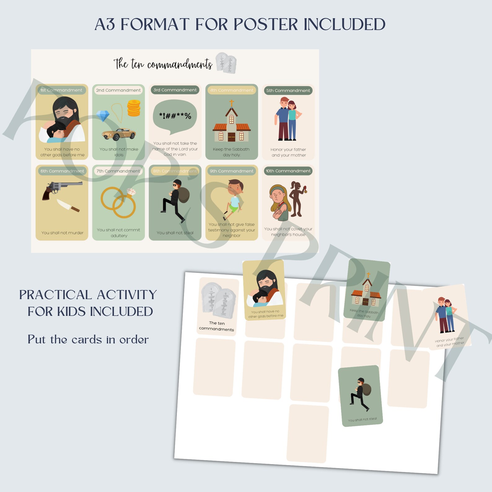 The Ten Commandments Flashcards Homeschool Bible Activity Kids Ministry ...