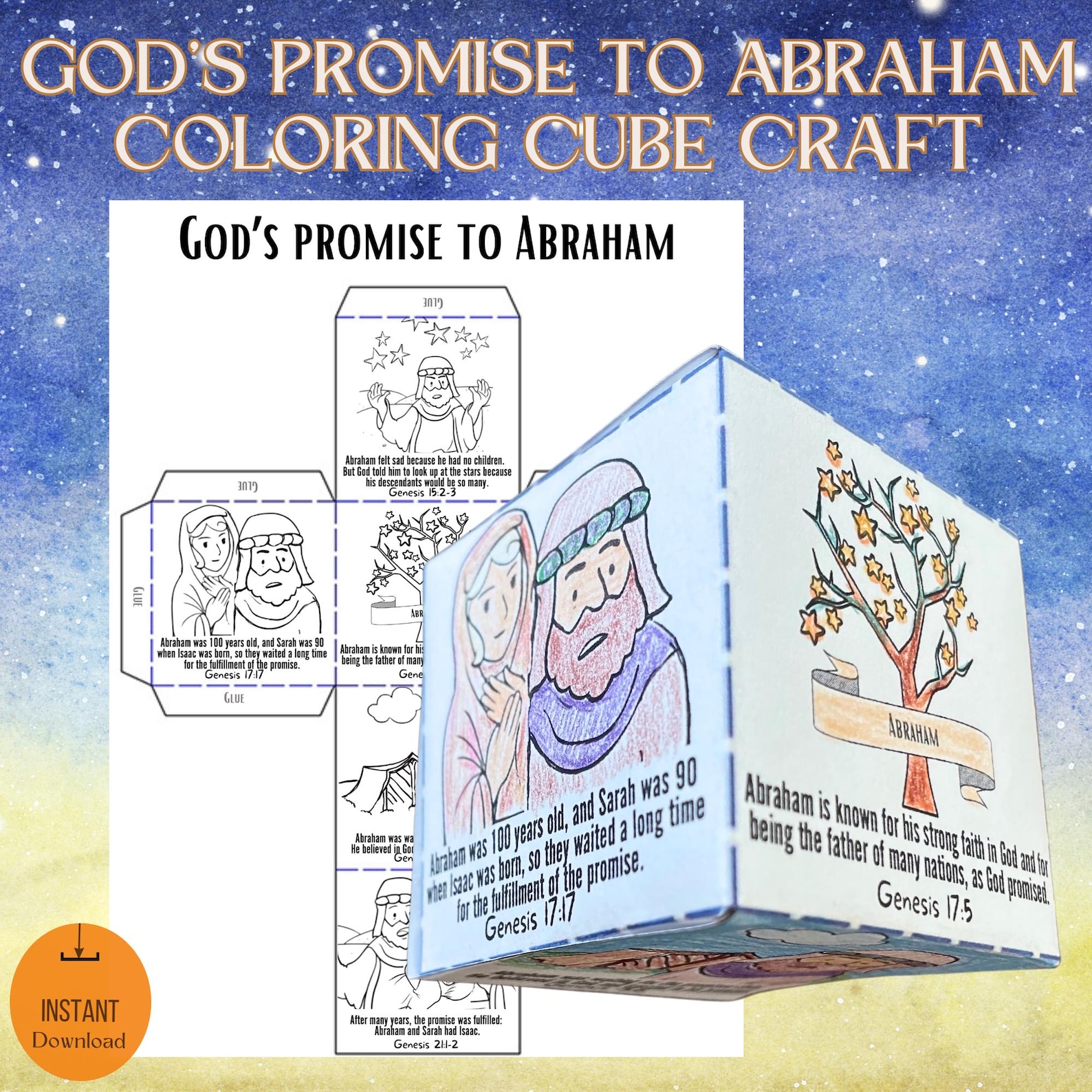 Printable God's Promise to Abraham Coloring Cube Craft, 3D Bible ...