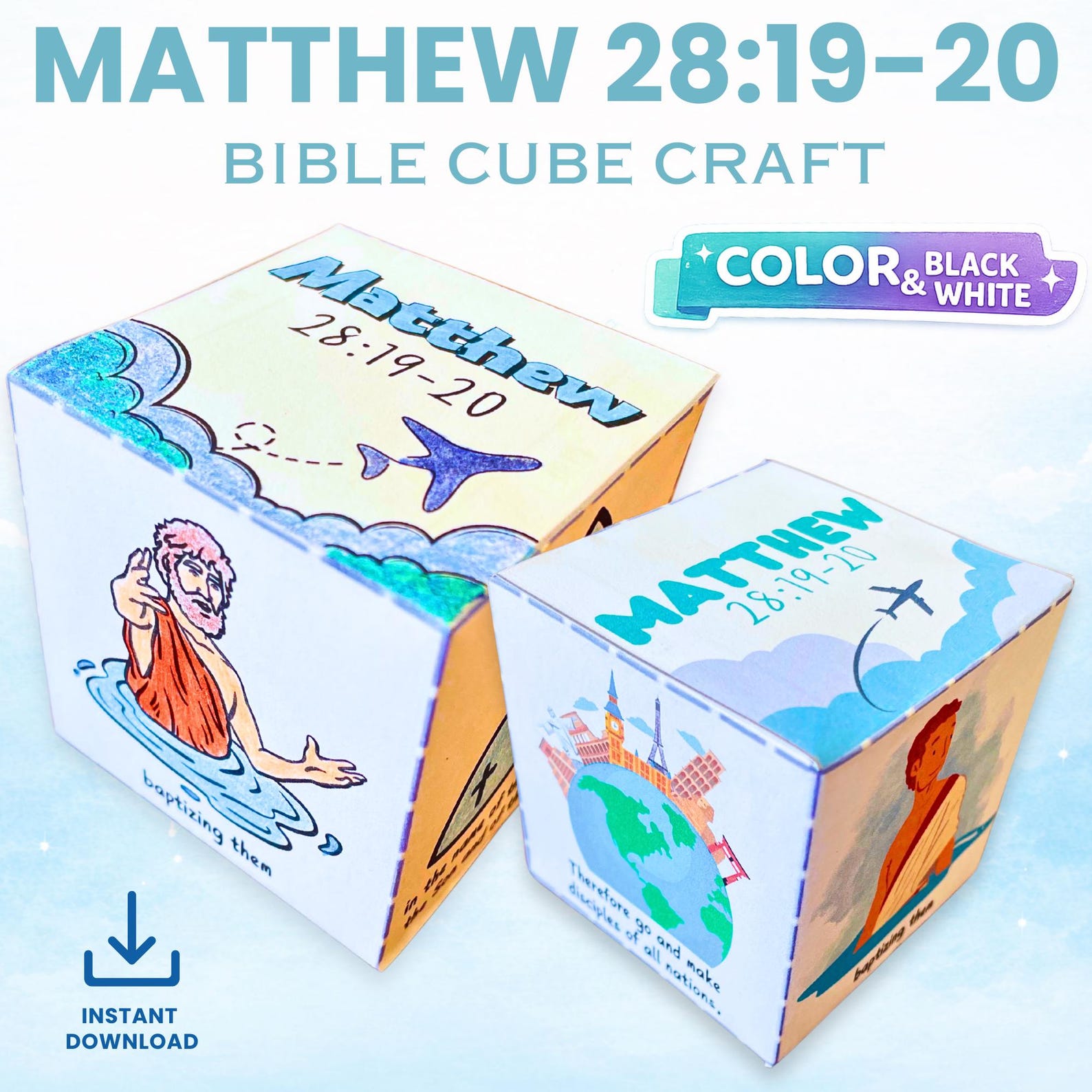 Matthew 28:19-20 Cube Craft, Printable Bible Activity, Memory Game ...