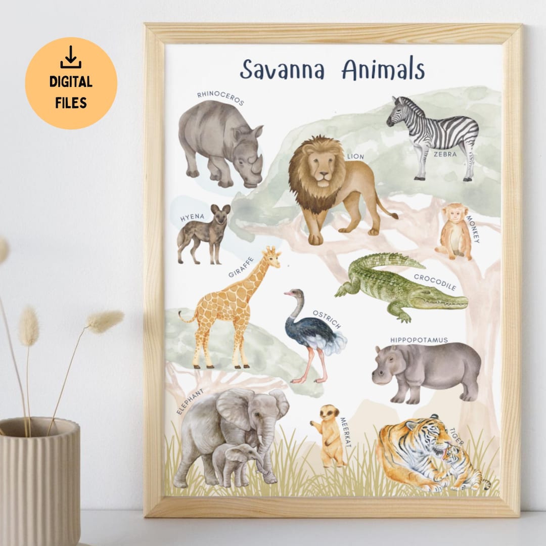 Savanna Animals Poster| Educational Wall Art| Lion and Elephant Print ...