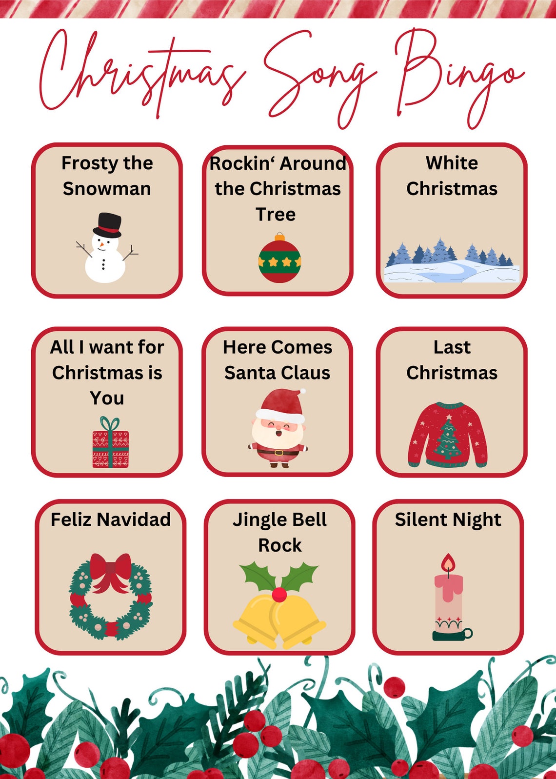 Christmas Song Bingo Printable Perfect for Office, Family, and Friend ...