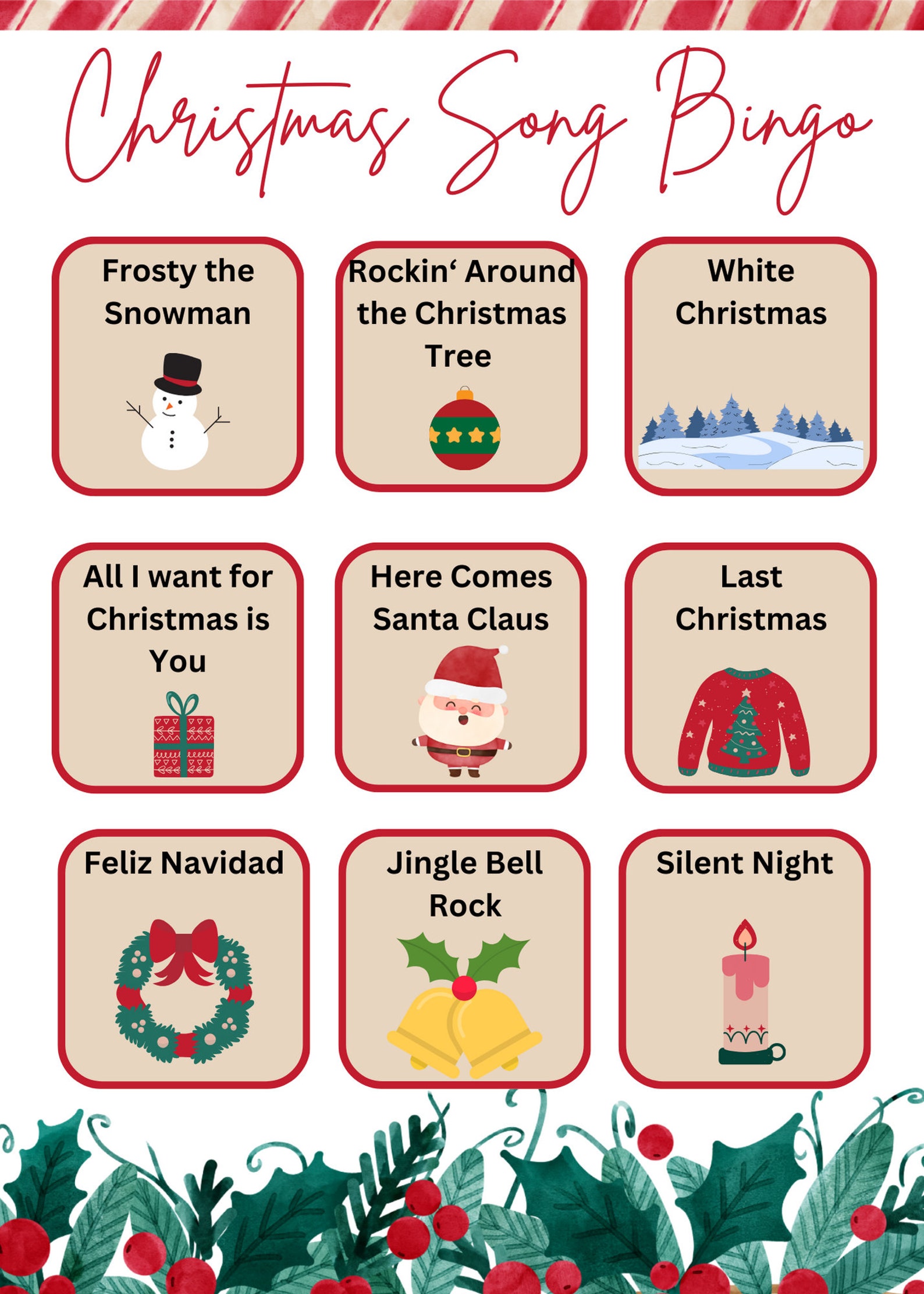 Christmas Song Bingo Printable Perfect for Office, Family, and Friend ...