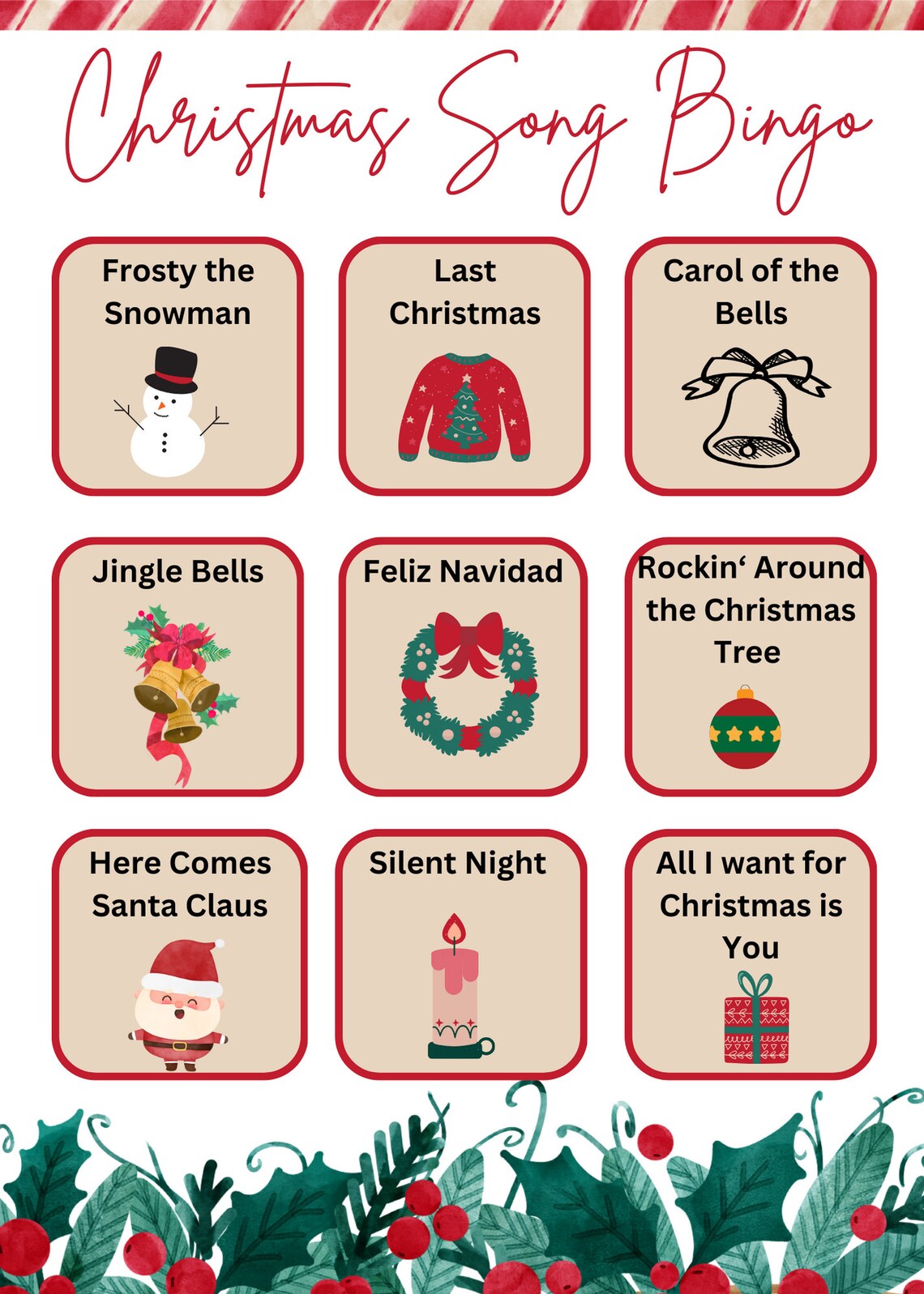 Christmas Song Bingo Printable Perfect for Office, Family, and Friend ...