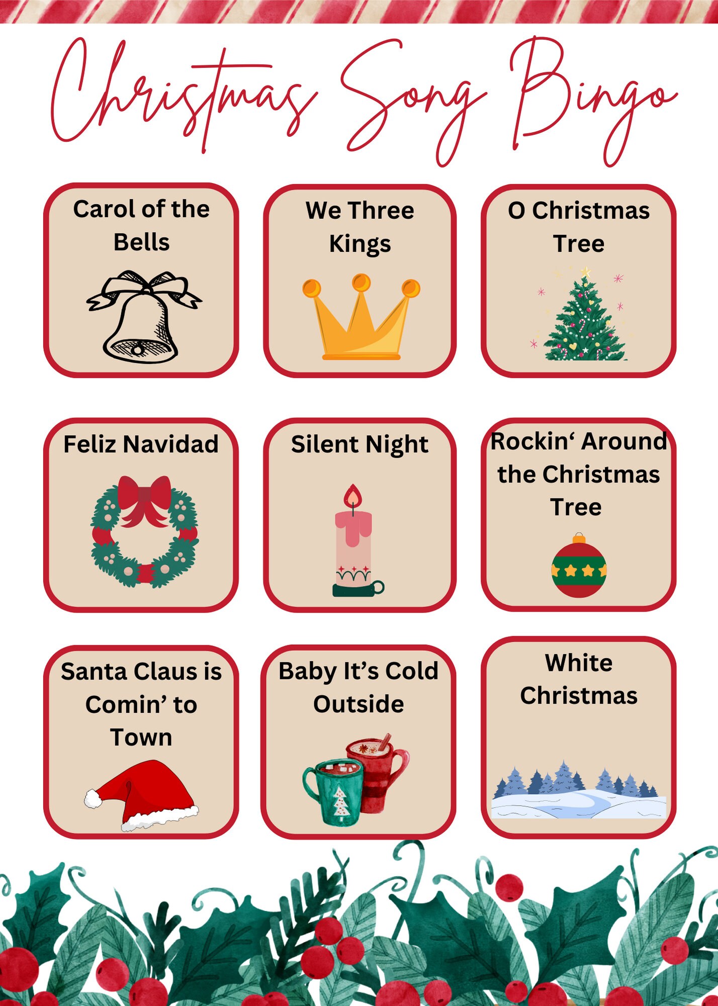 Christmas Song Bingo Printable Perfect for Office, Family, and Friend ...