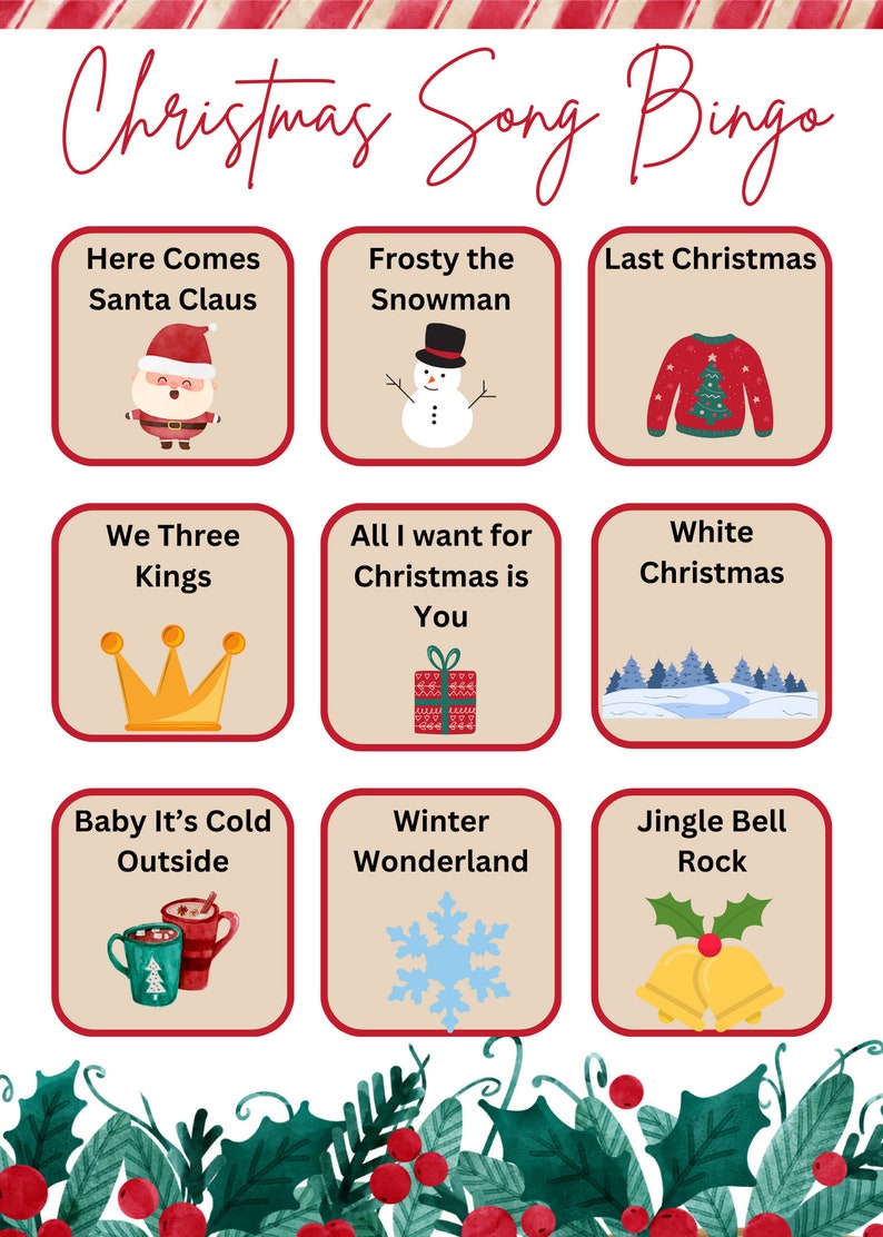 Christmas Song Bingo Printable Perfect for Office, Family, and Friend ...