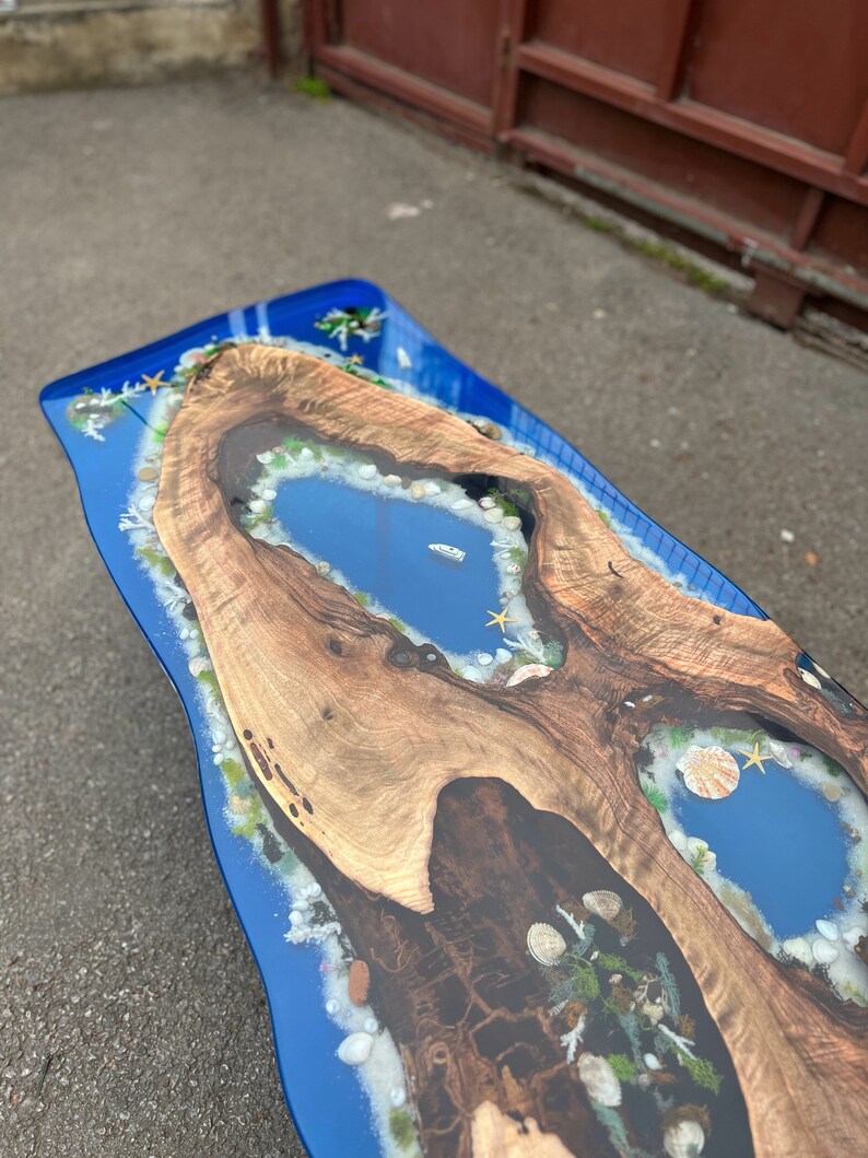 Custom Order Walnut Wood Blue Green River Coastal Design Aquarium Epoxy ...